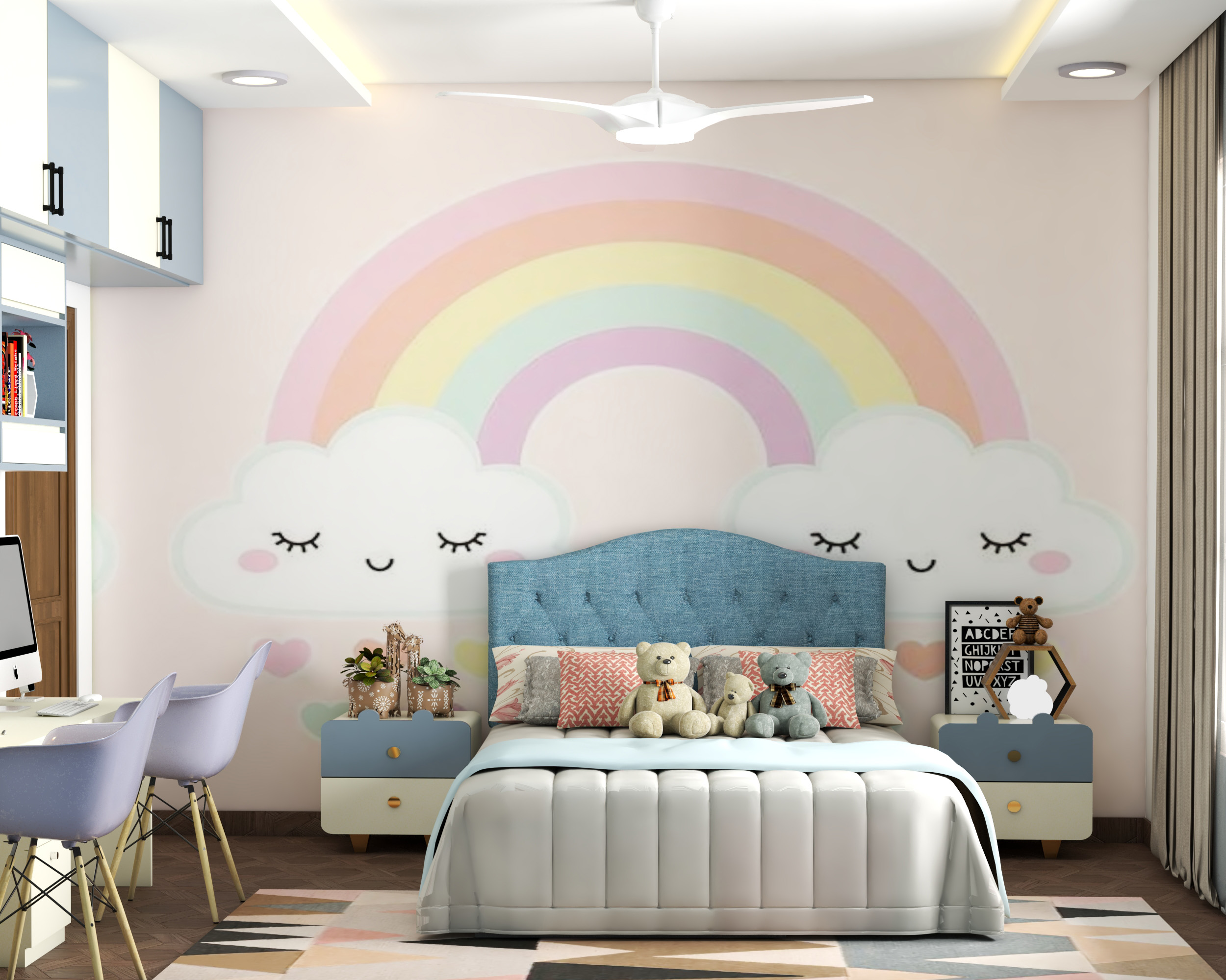 Contemporary Queen Size Kids Bedroom with Multicolour Wallpaper | Livspace