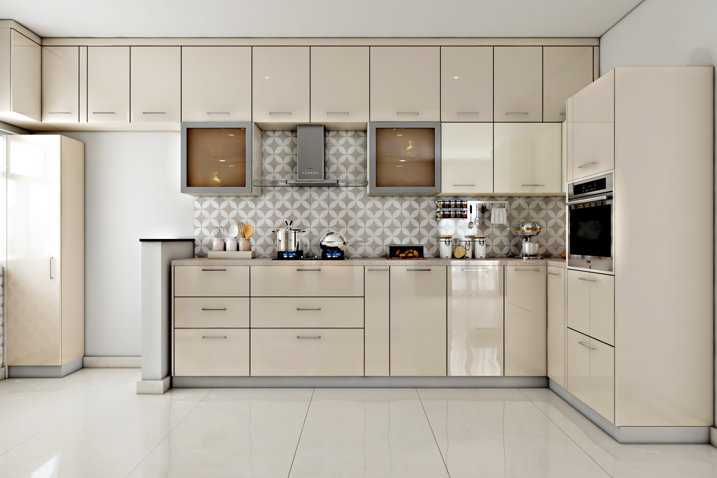 Champagne L-Shaped Modern Modular Kitchen Design With Geometric Brown And White Backsplash ...