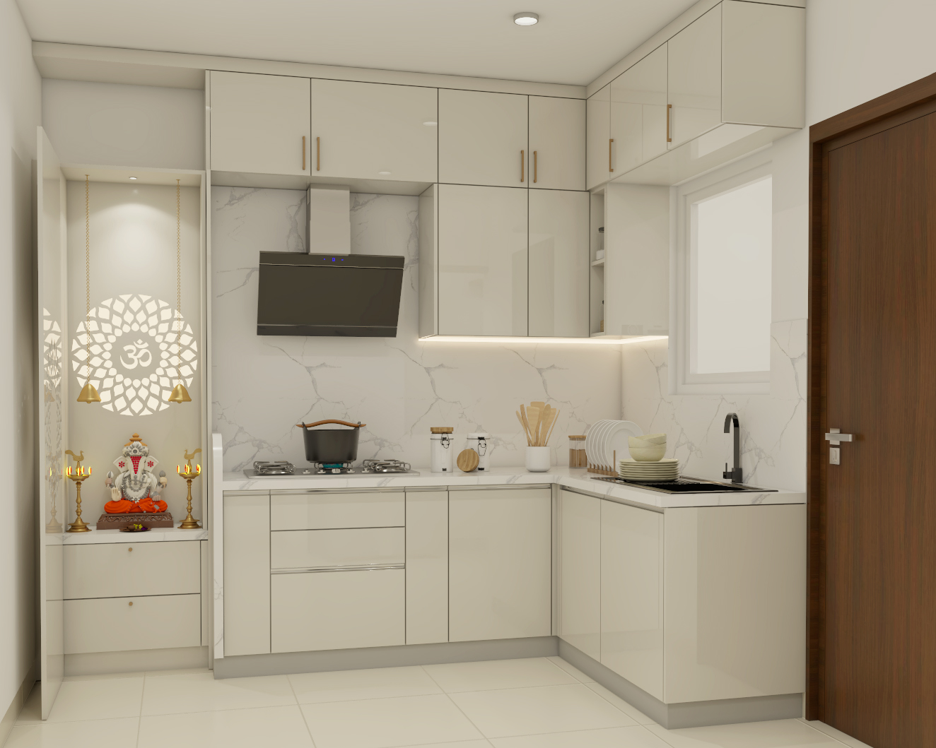 Contemporary Frosty White L-Shaped Kitchen Design with High-Gloss ...