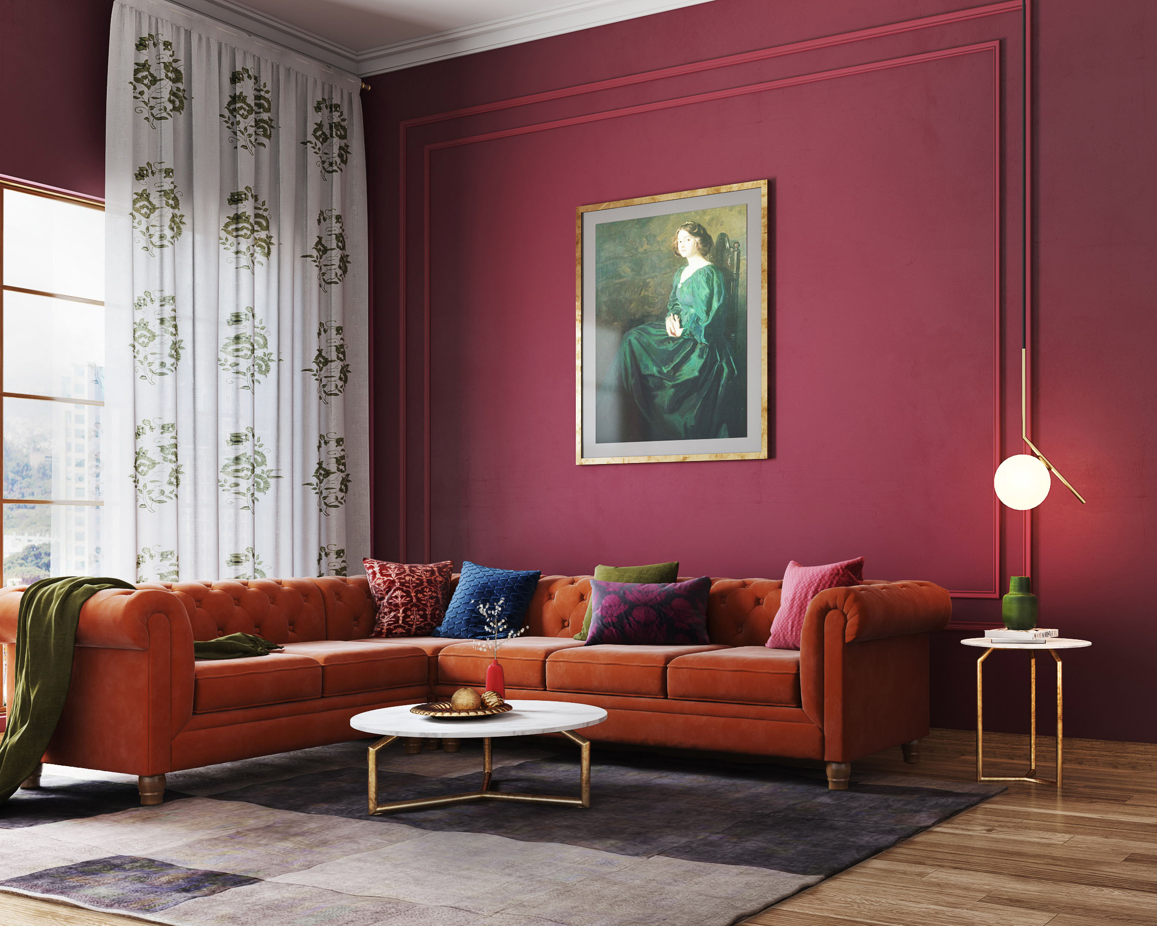 Living Room Wine Red Wall Paint Design With Contemporary Aesthetics ...
