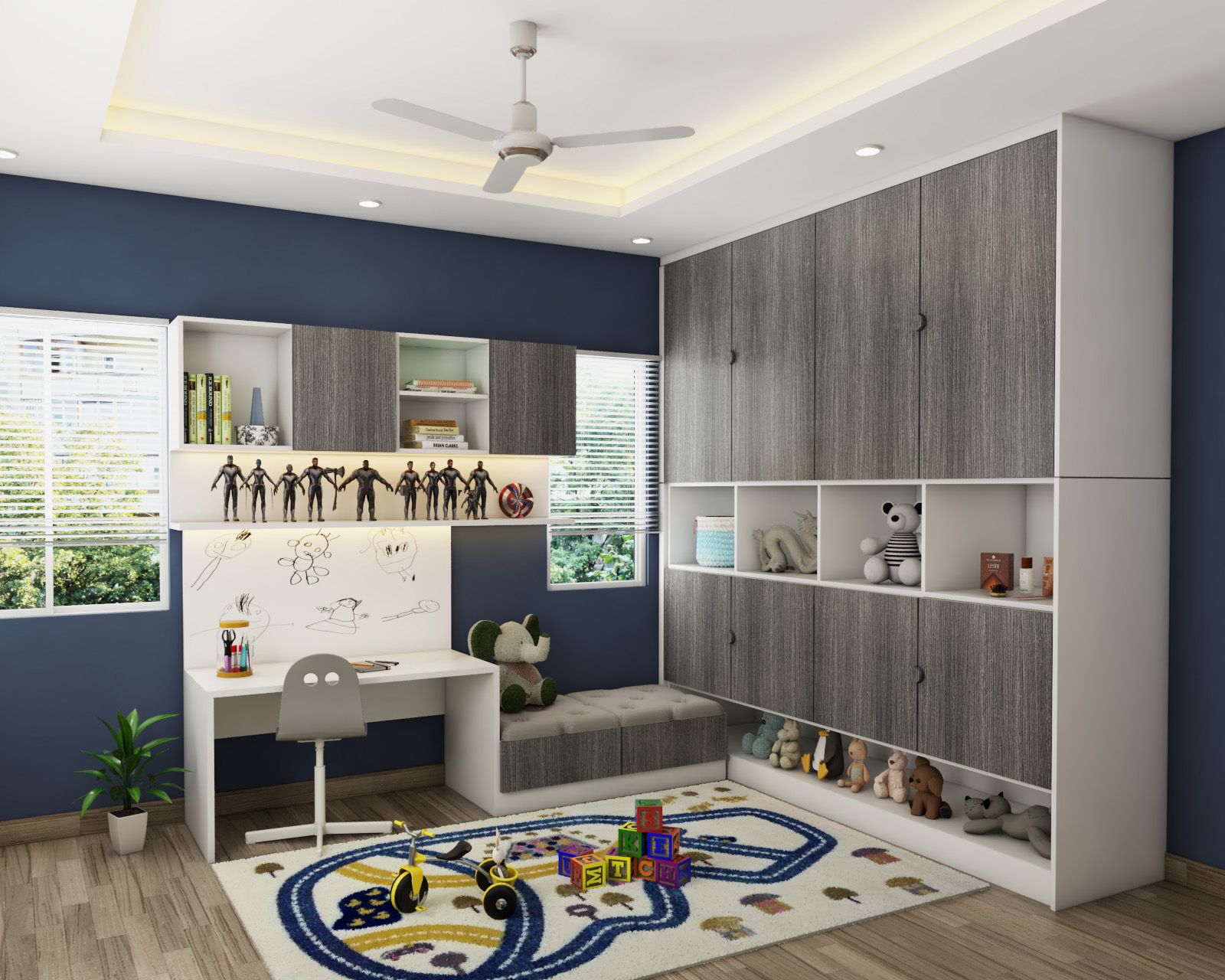 Modern Swing Wardrobe Design Integrated with Study Unit - Vintage Oak ...