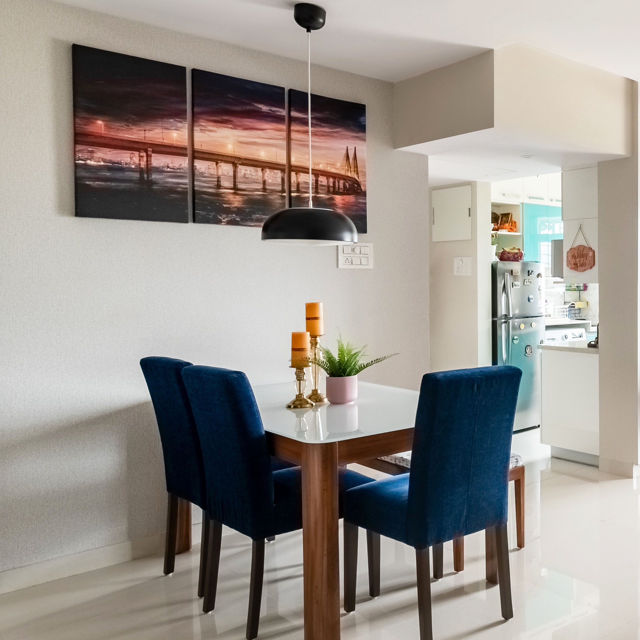 Compact Modern White And Bue Dining Rom Design With 3-Seater Table And ...