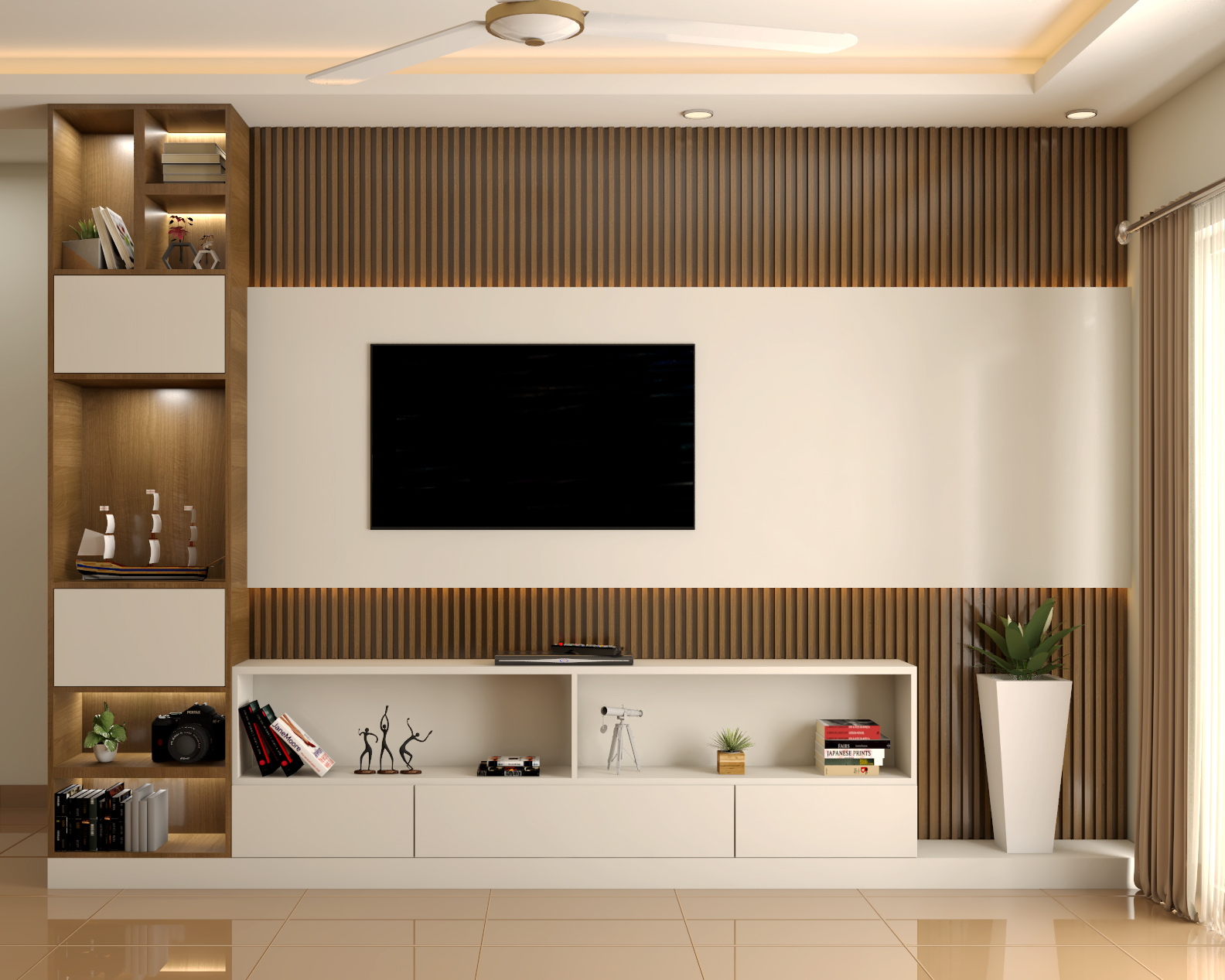 Wood And Champagne-Toned Modern TV Unit Design With White-Wood Open ...
