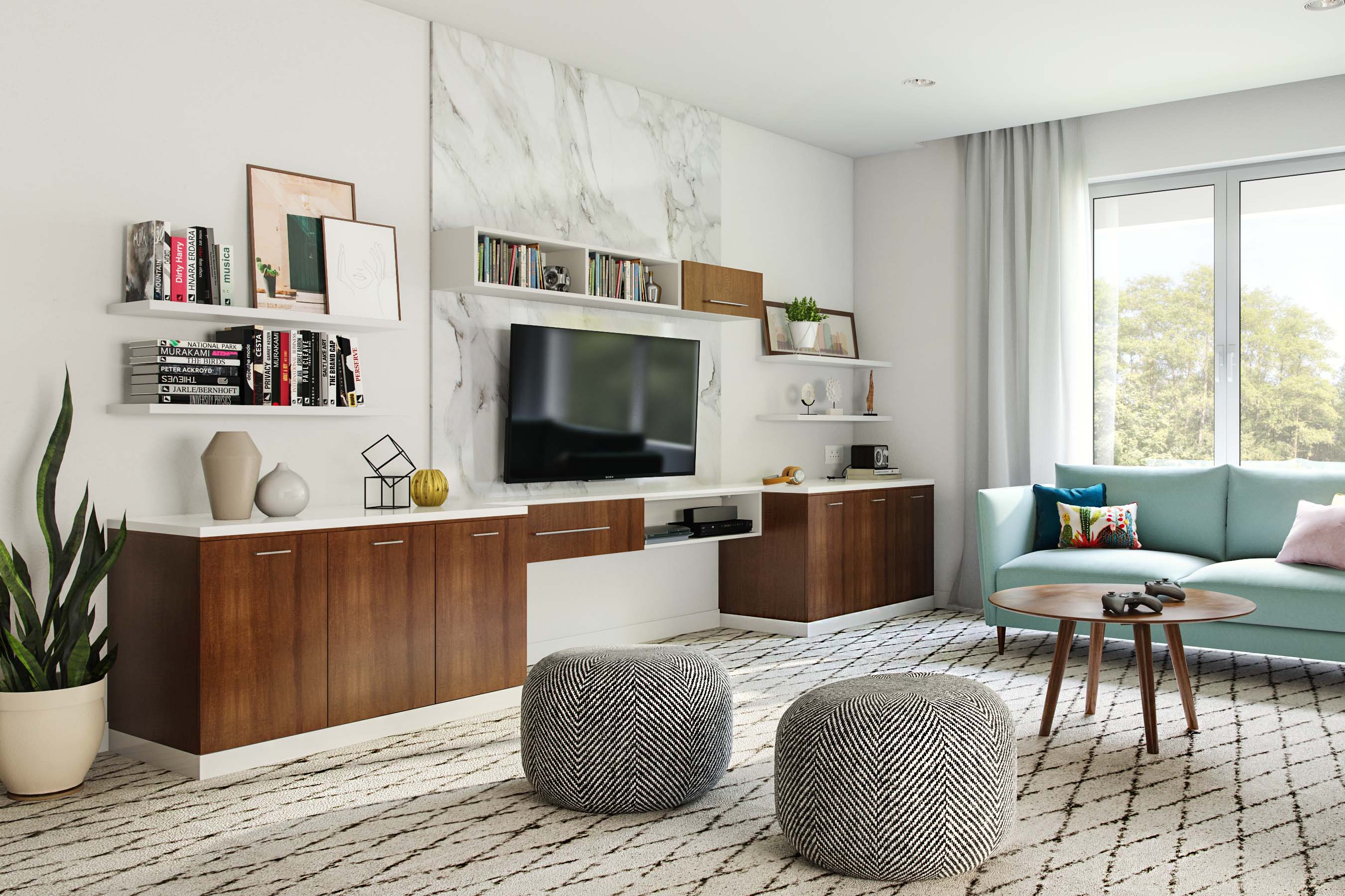 Wood And White TV Unit Design With Marble Back Panel And Wall Mounted ...