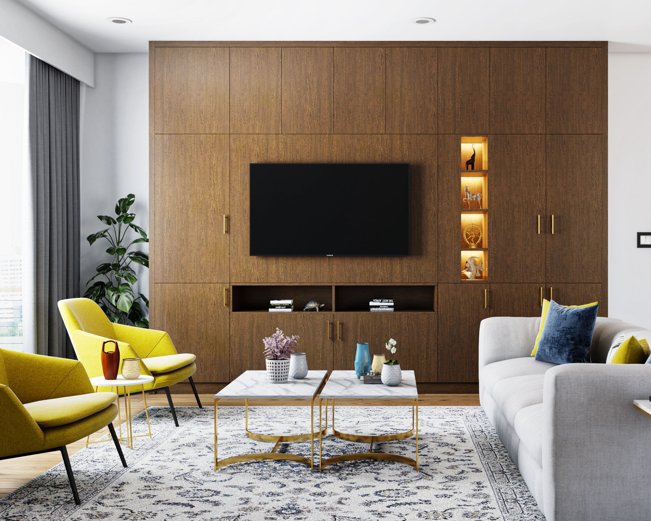 Walnut Wood Contemporary Floor-To-Ceiling TV Unit Design With In-Built ...