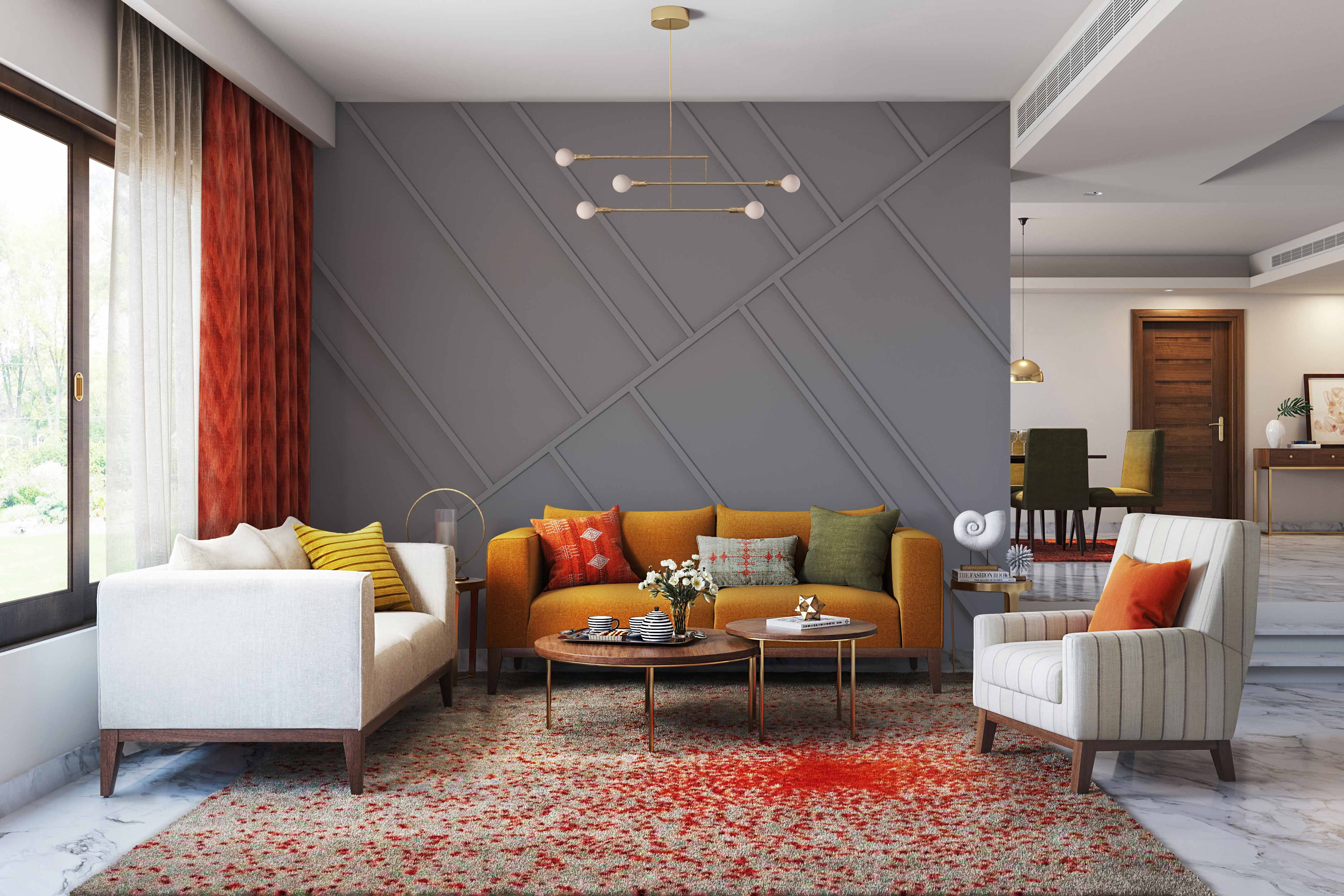 Modern Living Room Wall Paint Design In Grey With Panelling | Livspace