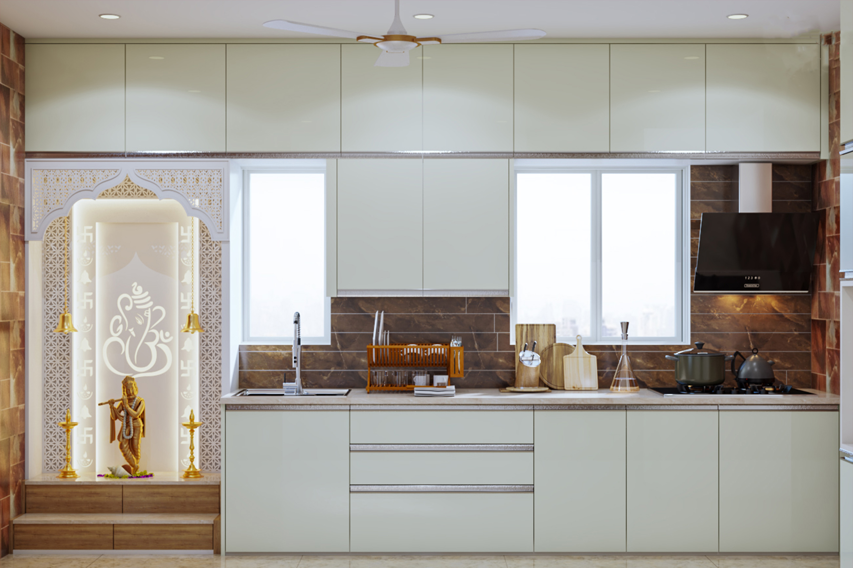 White And Wood Classic Floor-Mounted Mandir Design With CNC-Cut Work ...