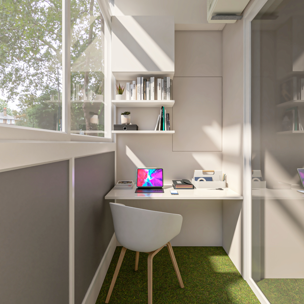 Space-Saving Balcony Design With Compact White Study Table And Green ...
