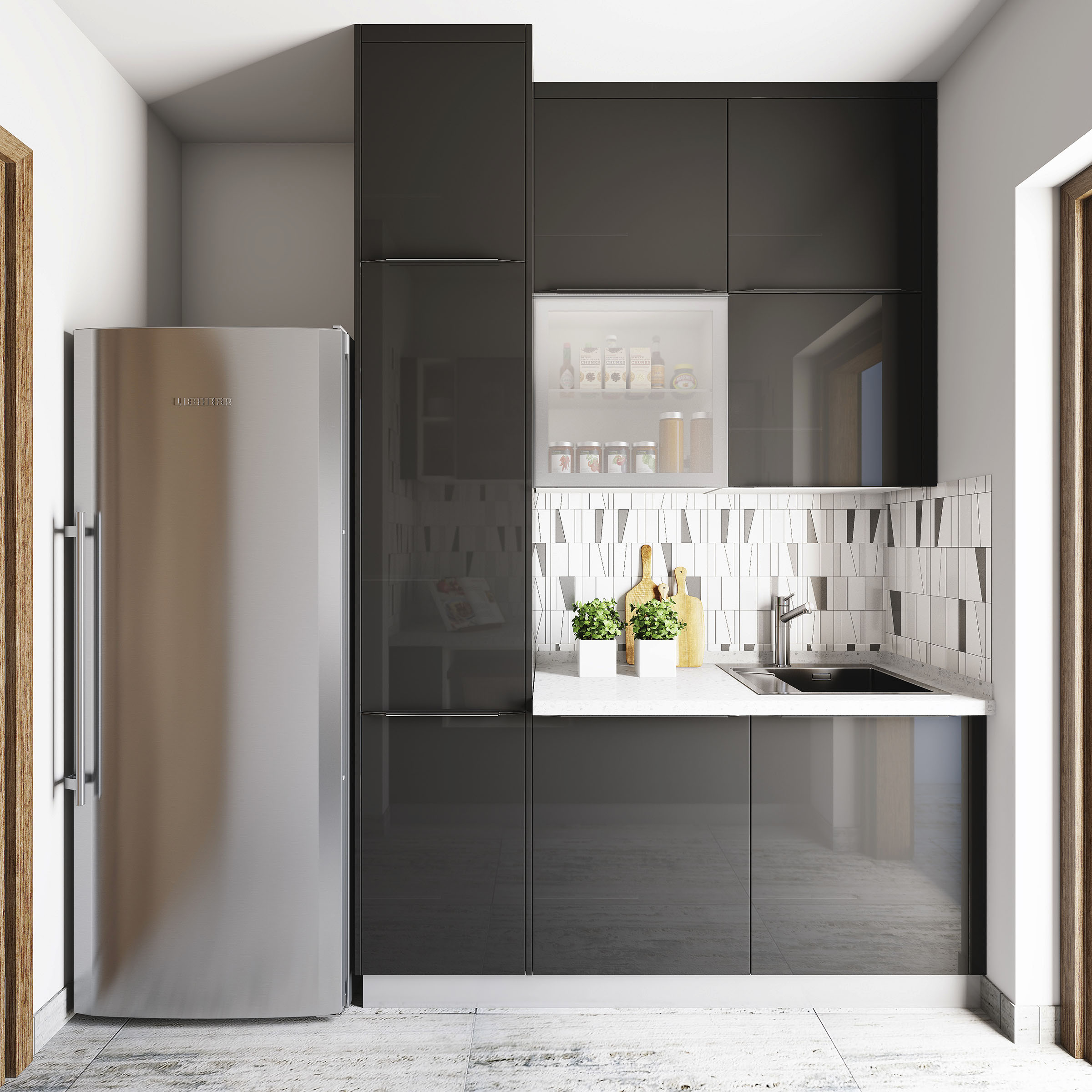 Ceramic Abstract Kitchen Tile Design In Grey And White | Livspace