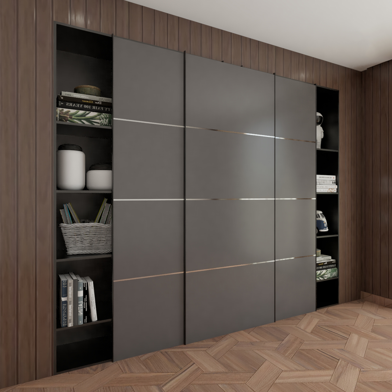 Gothic Grey Contemporary 3-Door Sliding Wardrobe With Black Shelves ...