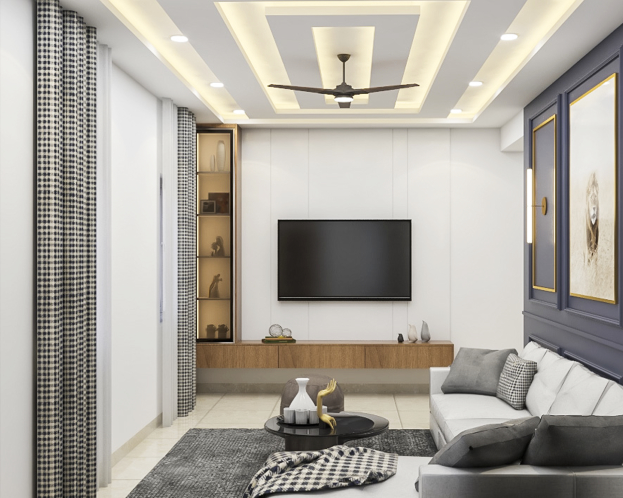 White Triple-Layered Gypsum Ceiling Design With Recessed Lights And ...