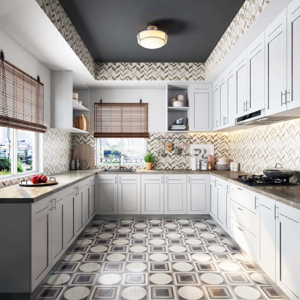 Geometric Grey And White Square-Shaped Kitchen Flooring Design | Livspace