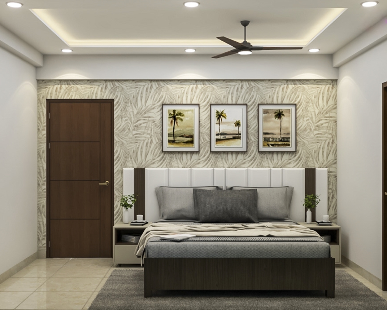 Guest Room Design With Leafy Wallpaper And Queen Sized Bed With White ...