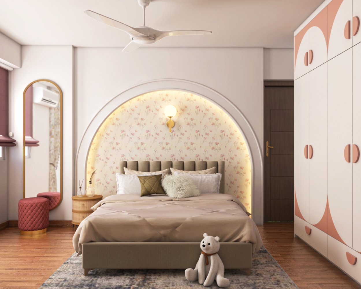 Girls Room Design With Wall Arch And 4-Door Peach And White Swing Wardrobe | Livspace