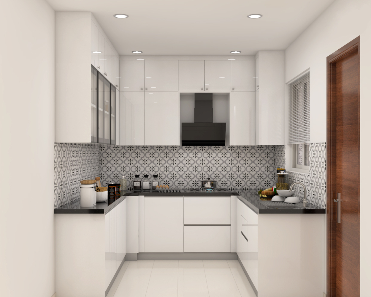 Compact U-Shaped Kitchen Design With Arabseque Patterned Dado Tiles ...