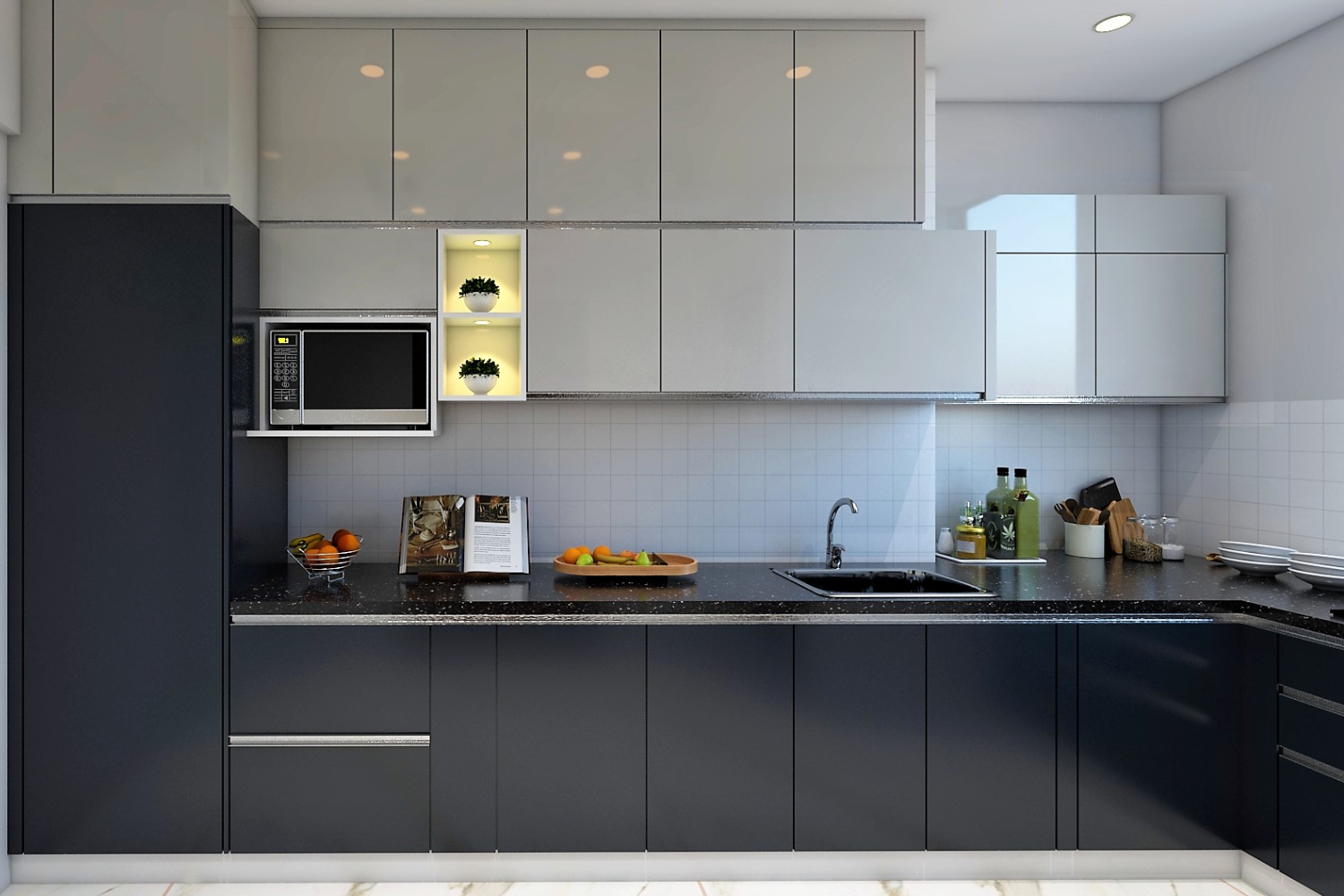 Gothic Grey And Smoke Grey L Shape Kitchen Cabinet Design With Square ...