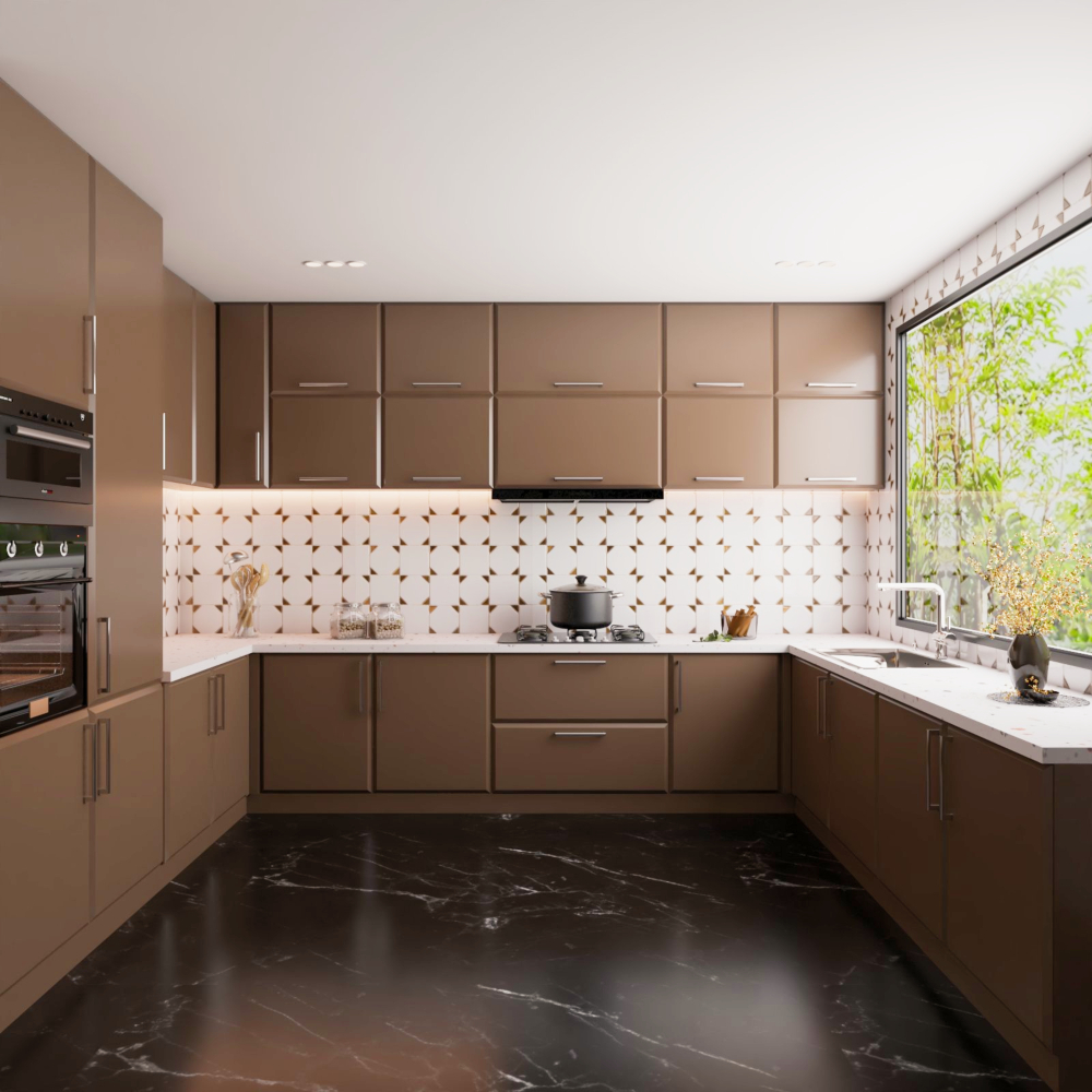 U-Shaped Brown Modular Kitchen Design With Geometric White Backsplash ...