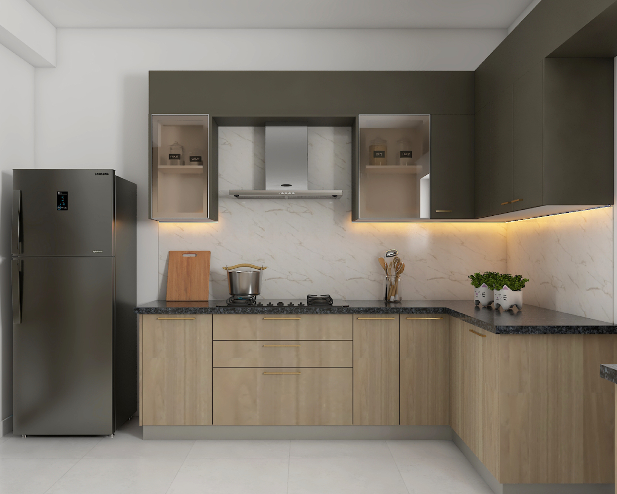 Wood And Green Modular Kitchen Design With Aluminium Rolling Shutters ...