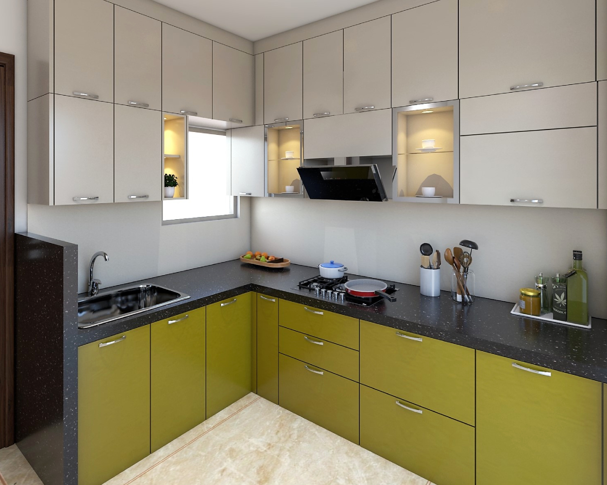 Beige And Lime Green L-Shape Modular Kitchen Design With Black ...