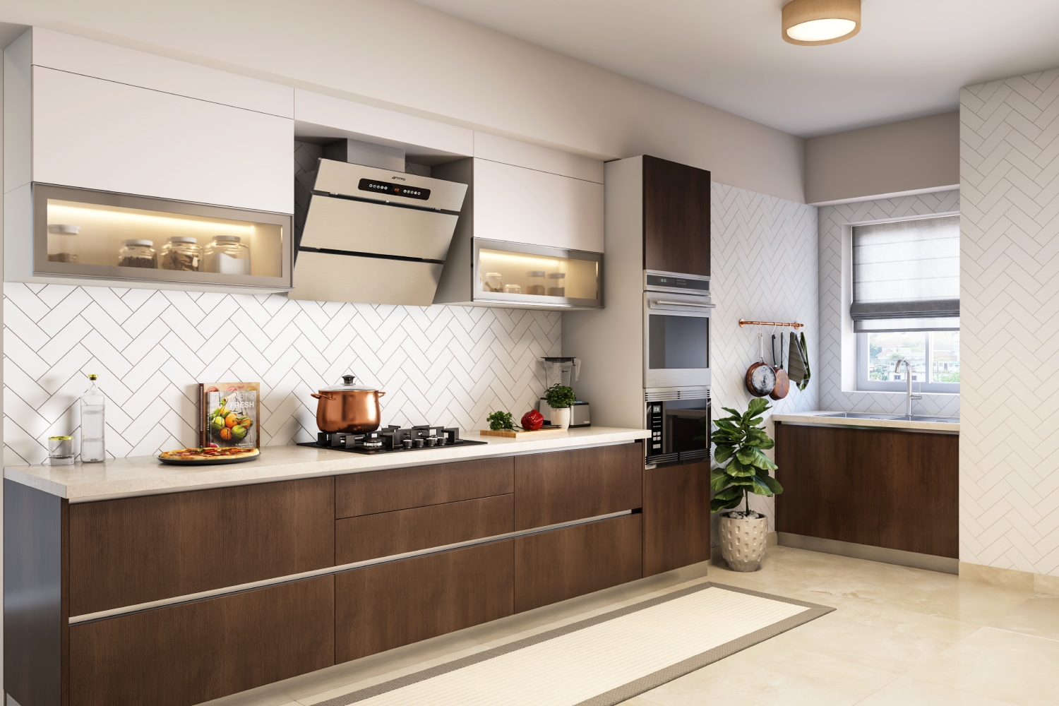 Brown And White Modern Modular Kitchen Design With Herringbone Dado ...