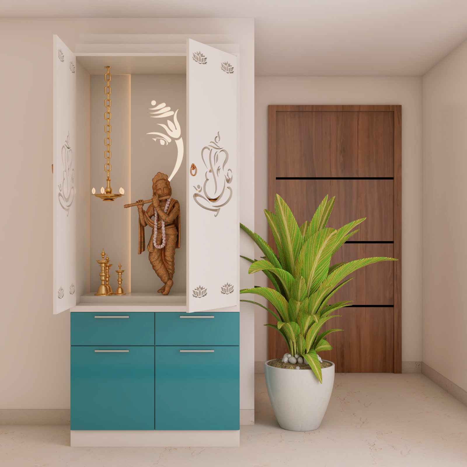 White And Blue Mandir Design With Drawer And Shutter Storage And ...