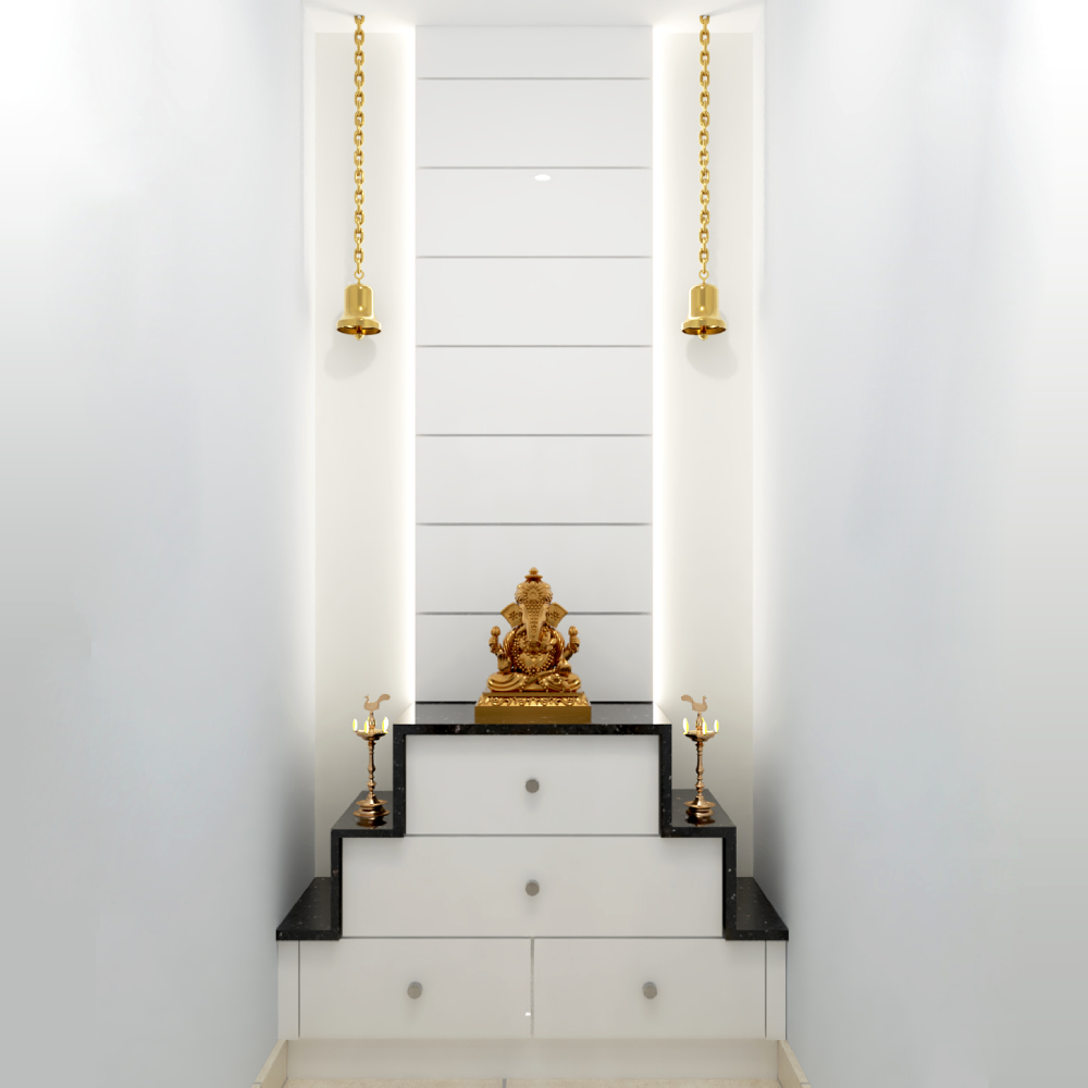 Mandir Design With Frosty White Stepped Drawer Storage And White Back ...