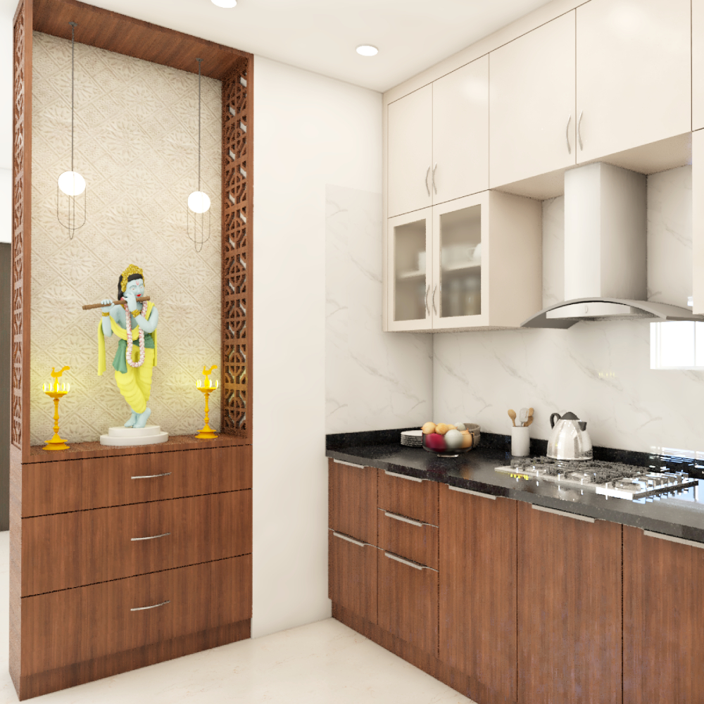 Floor-Mounted Beige And Wood Mandir Design With Wooden Drawer Storage ...
