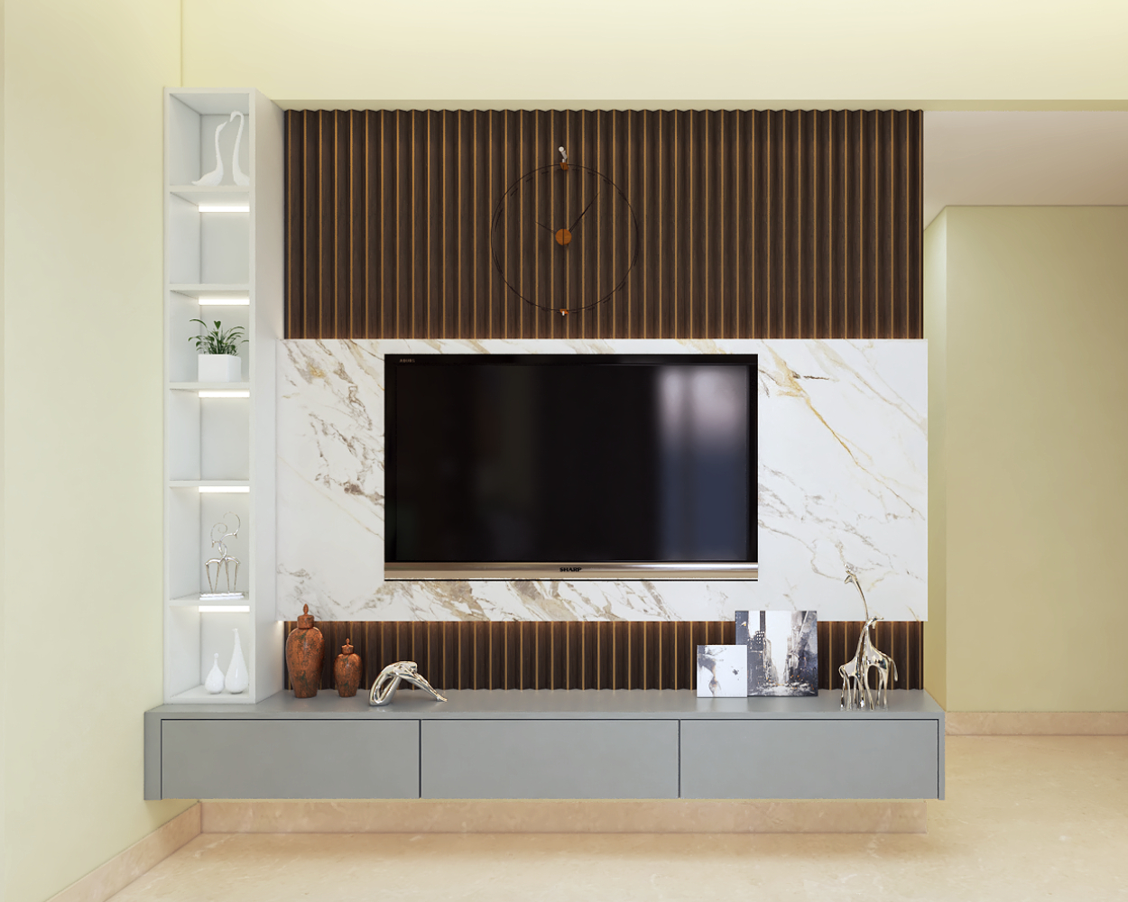 Wall-Mounted Dove Grey And White TV Unit Design With Wooden Panel And ...