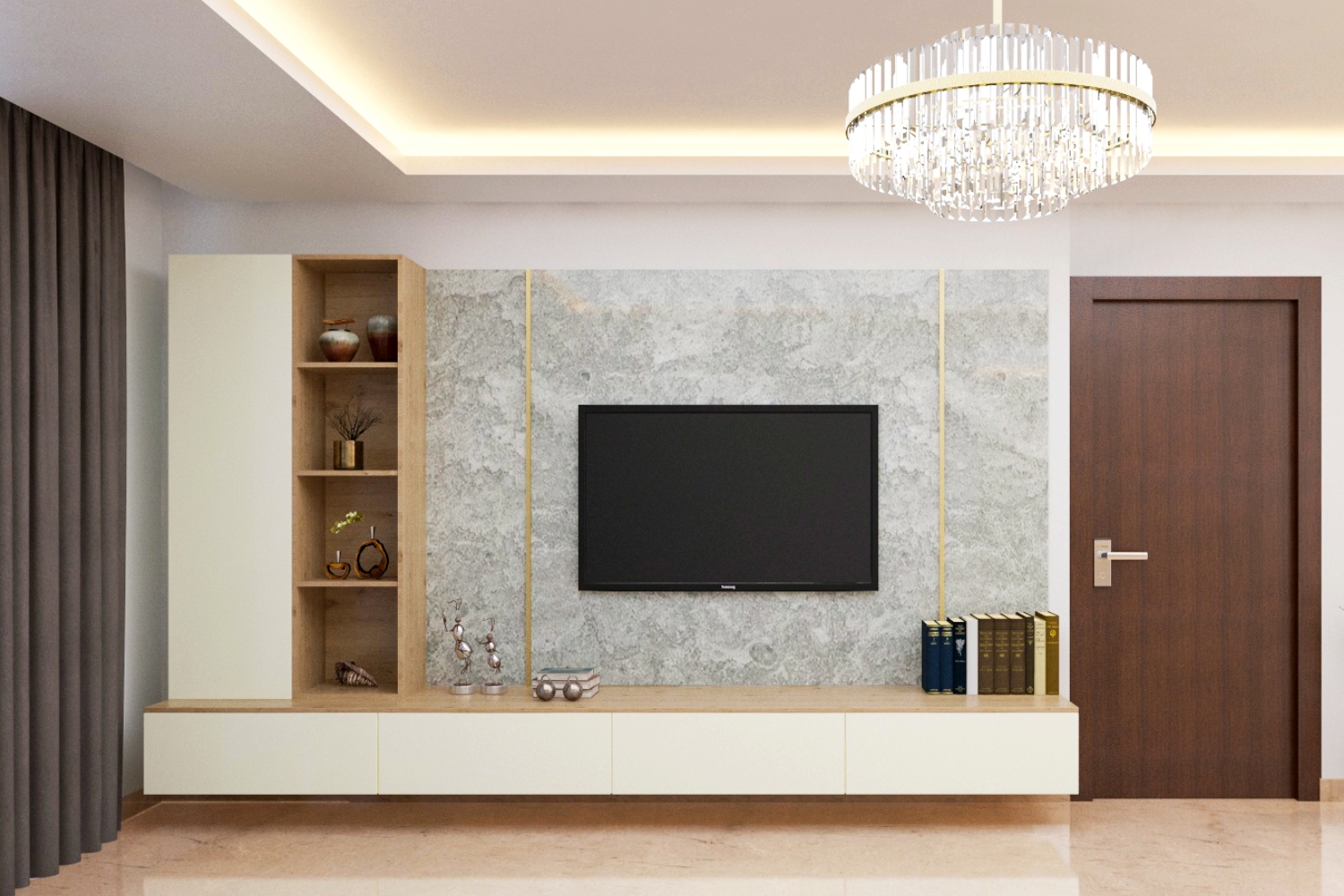 Wood And Champagne-Toned TV Cabinet Design With Grey Textured Panel And ...