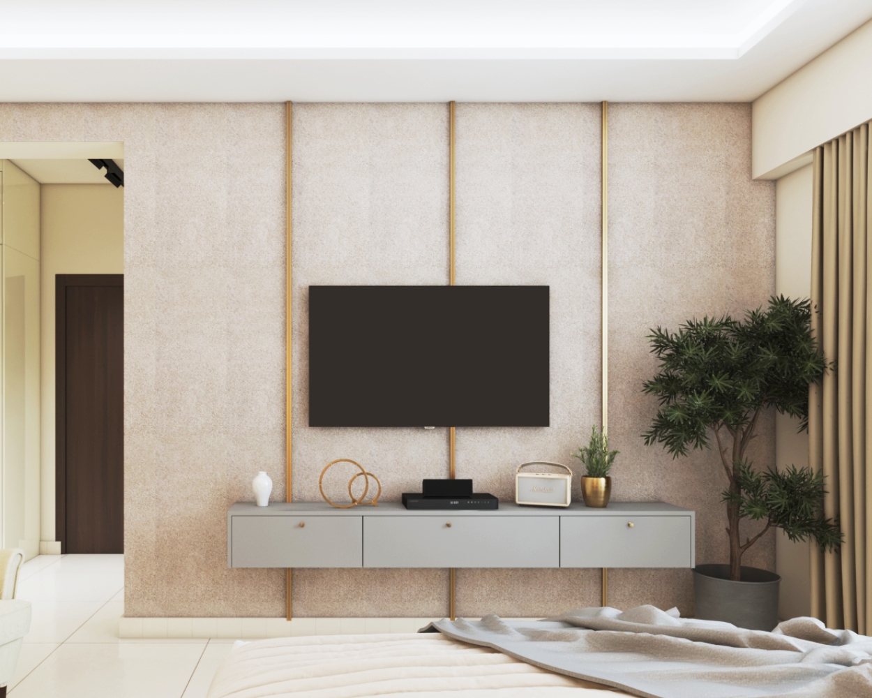 Compact Grey TV Unit Design Against Light Pink Textured Wall And Gold ...