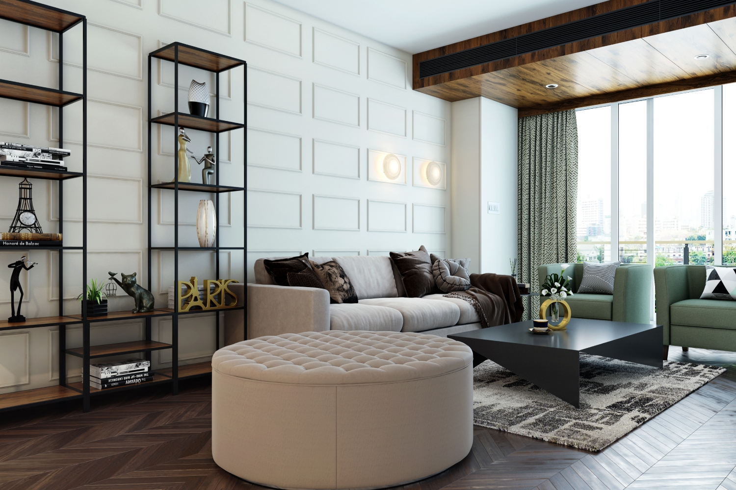 White 3D Rectangular Grid Wall Design With Wall Trims | Livspace