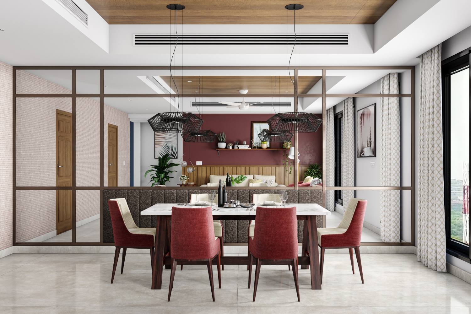 Dining Room Wall Design With Mirrored Accent Wall And Brown Tufted ...
