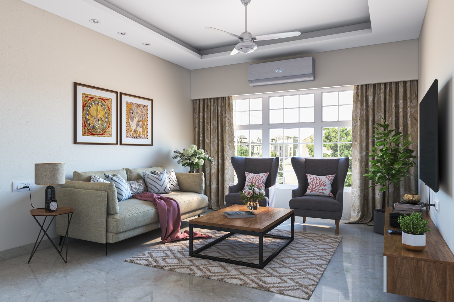 Beige Modern Wall Paint Design For Living Rooms | Livspace