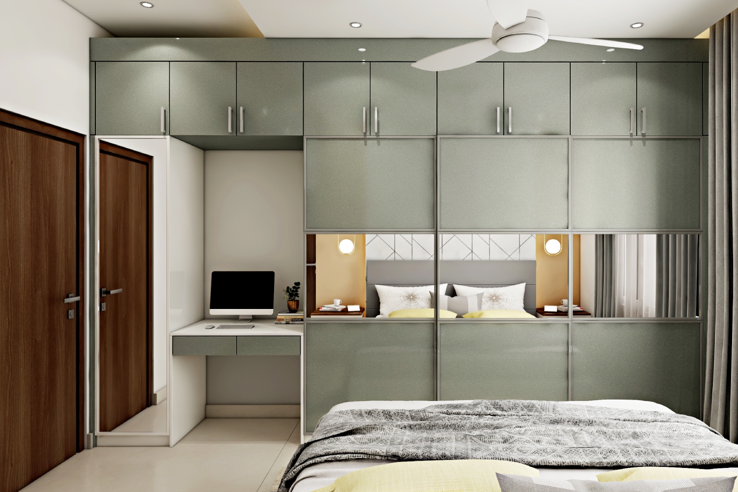 3-Door Grey Sliding Door Wardrobe Design With A Compact Study Table ...