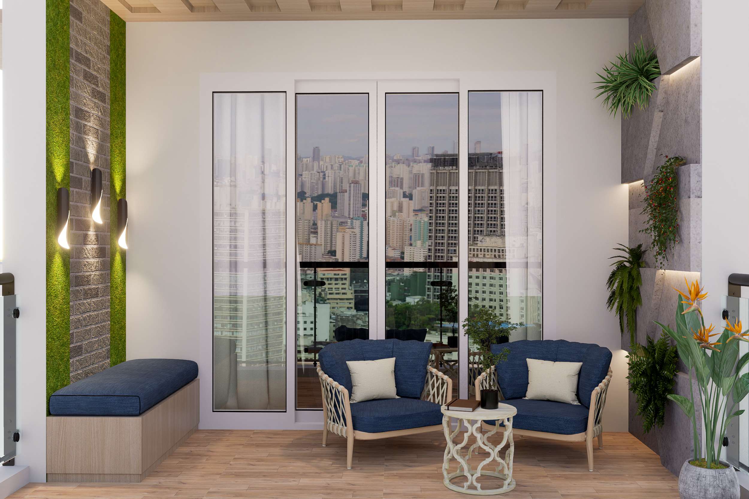 Spacious Blue And White Balcony Design | Livspace