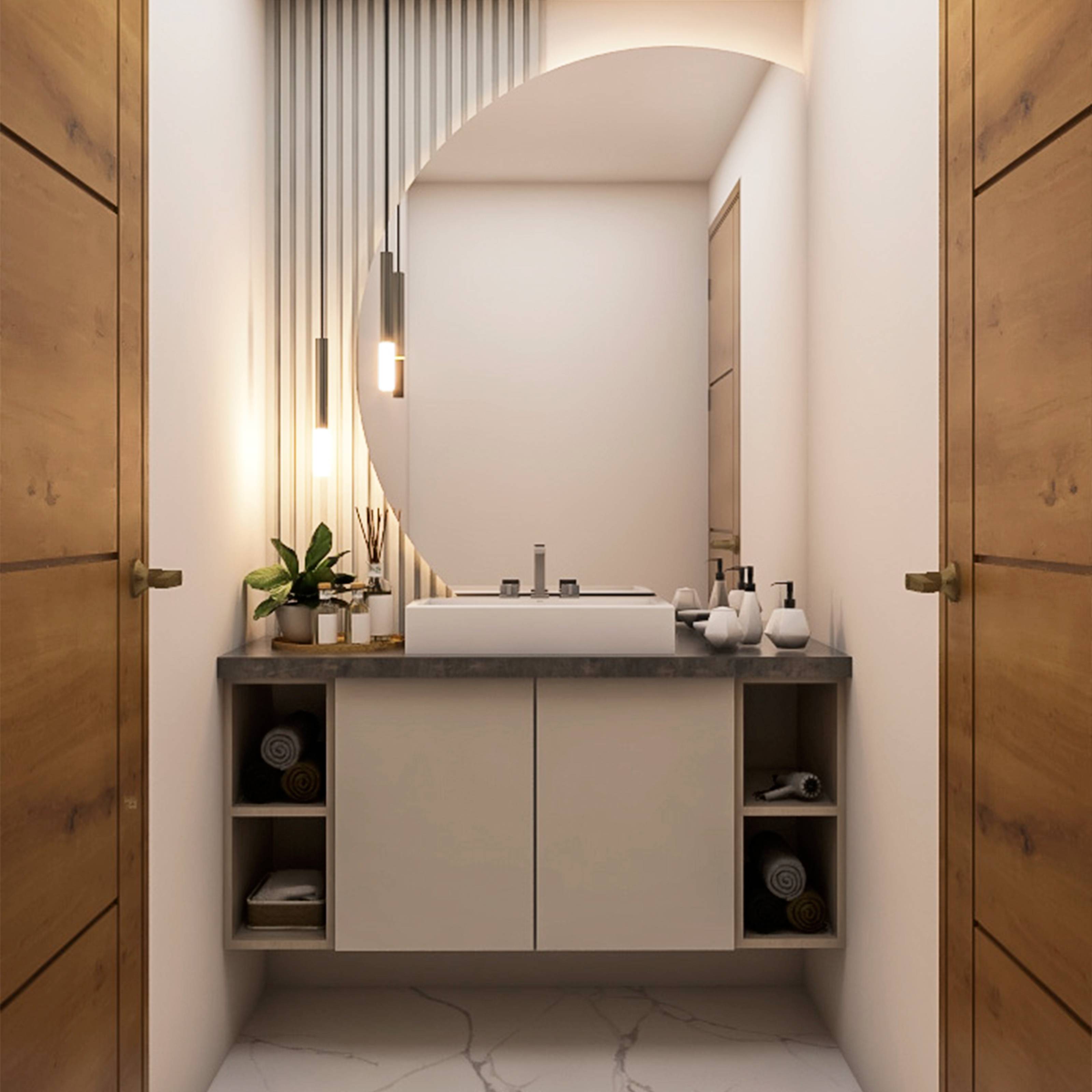 Compact Bathroom Design Idea With Vanity Cabinet | Livspace