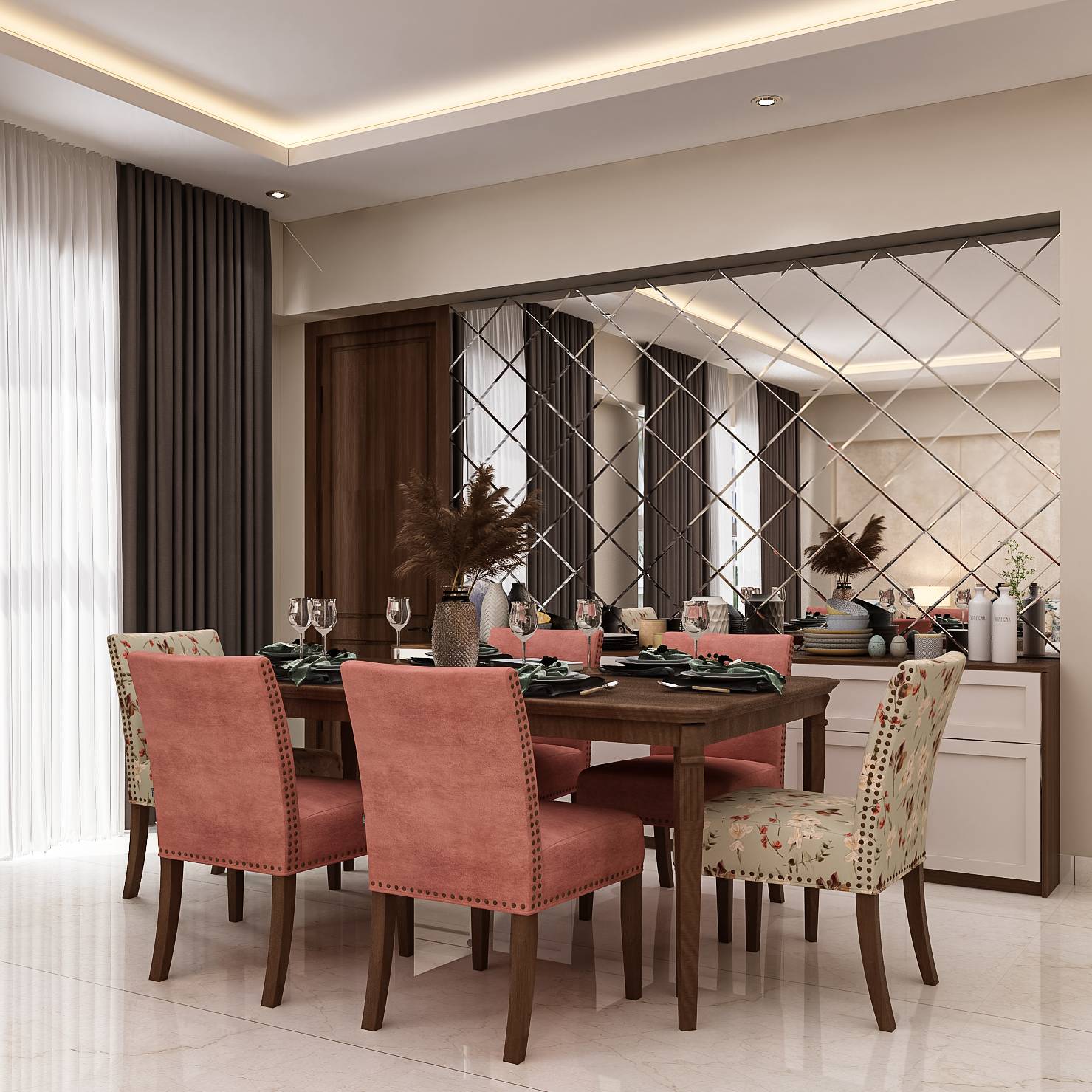 Spacious Dining Hall Design With A 6-Seater Table | Livspace