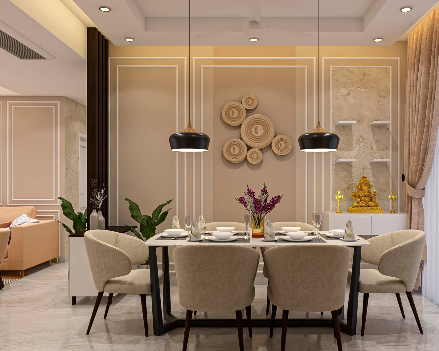 Spacious 6-Seater Dining Room With Wall Trims | Livspace
