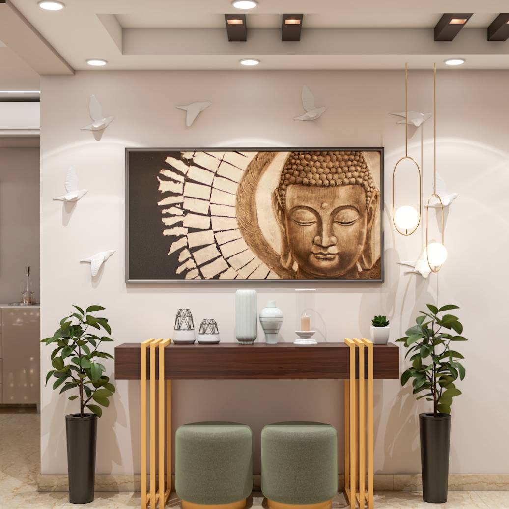 Spacious Foyer Design With Wall Sticker And Framed Art | Livspace