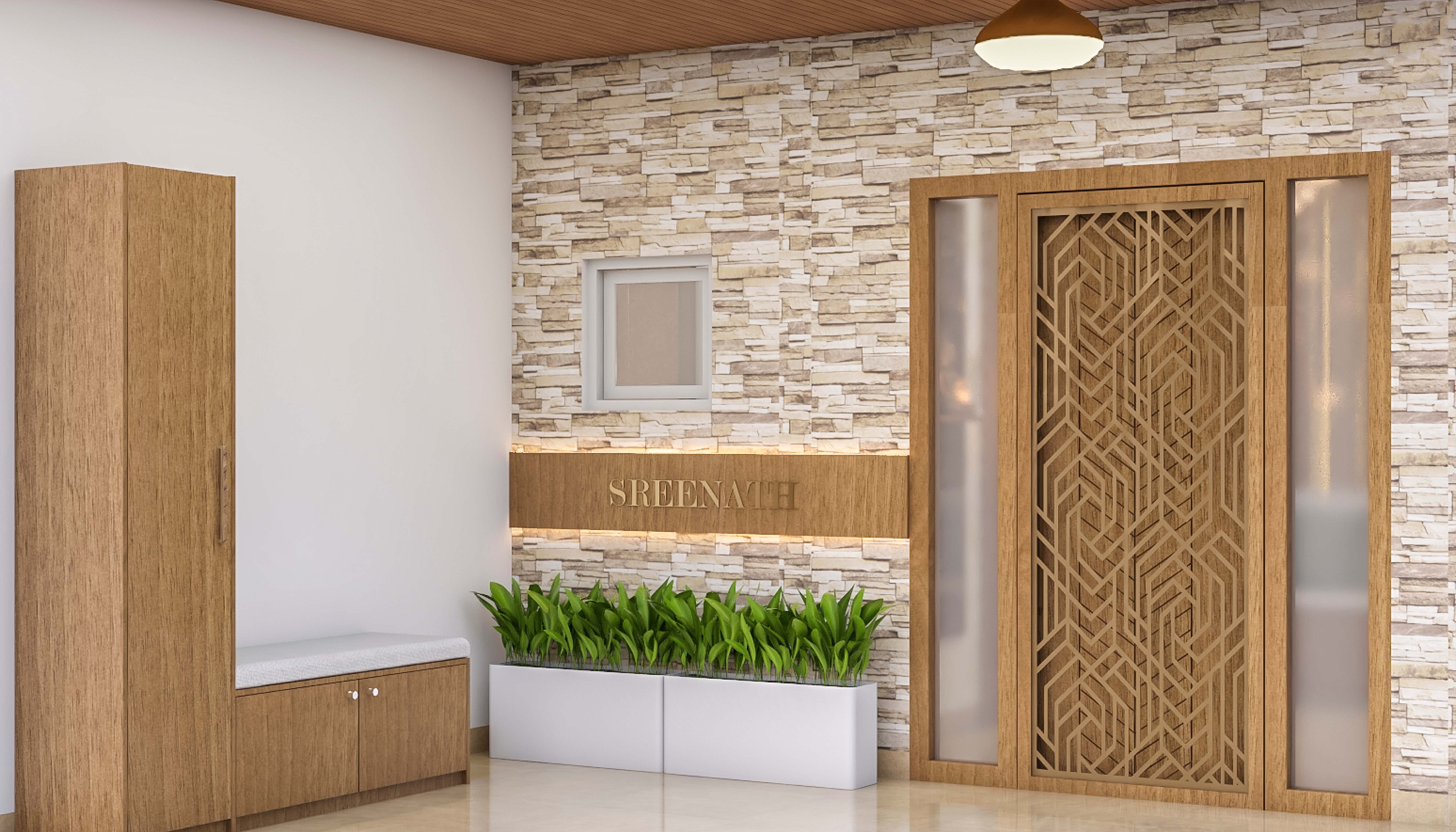 Entryway Foyer Design With L-Shaped Storage Unit And Seating | Livspace