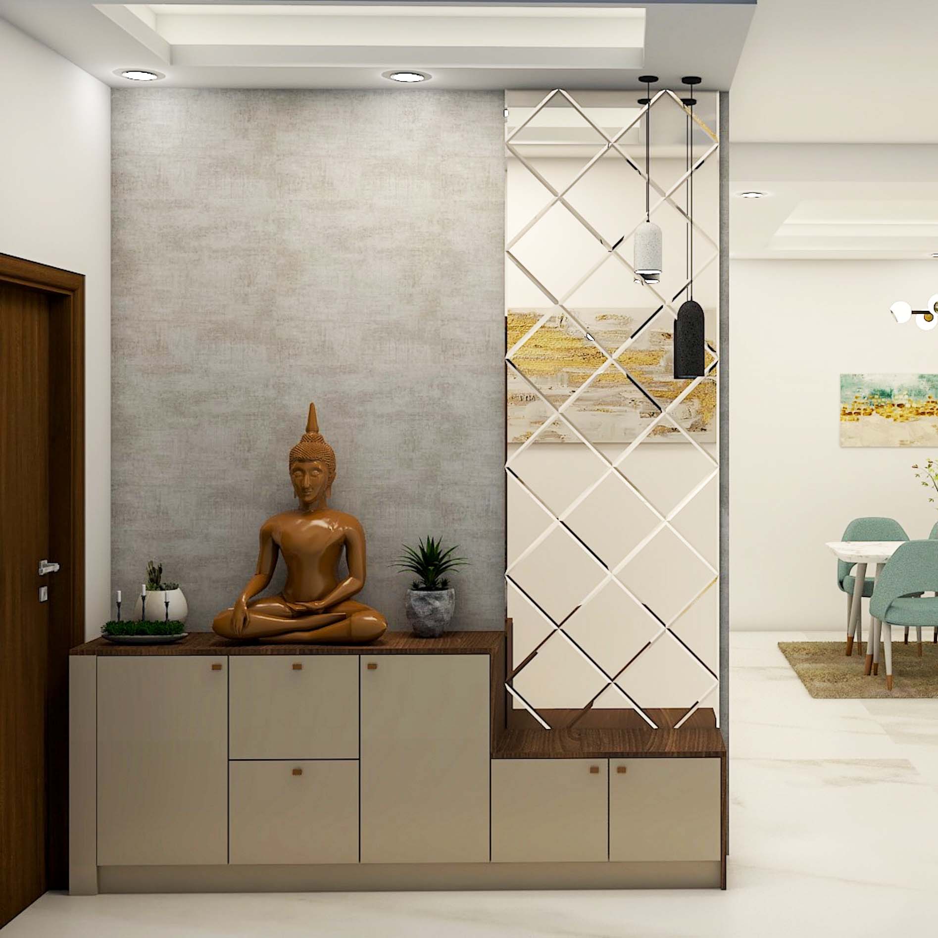 Spacious Foyer Design With Wallpaper And Mirror | Livspace