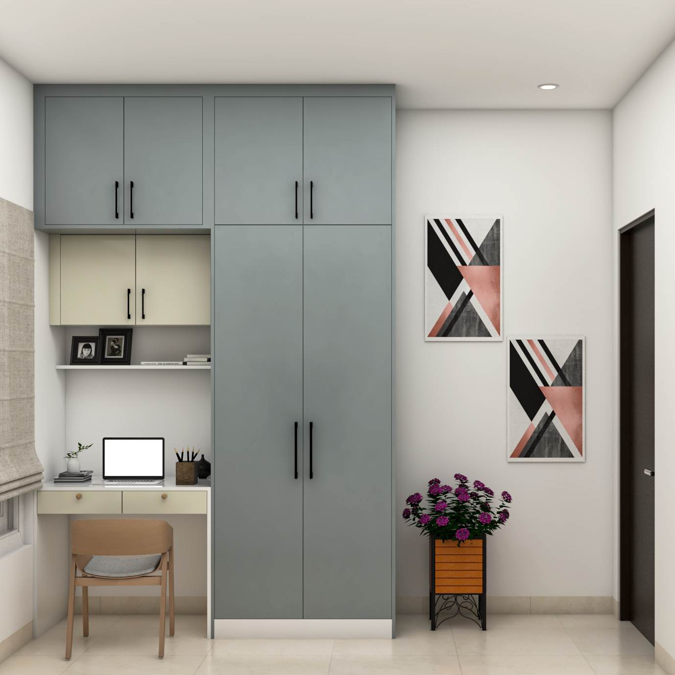 Compact Study Room Design With Grey Wardrobe Design | Livspace