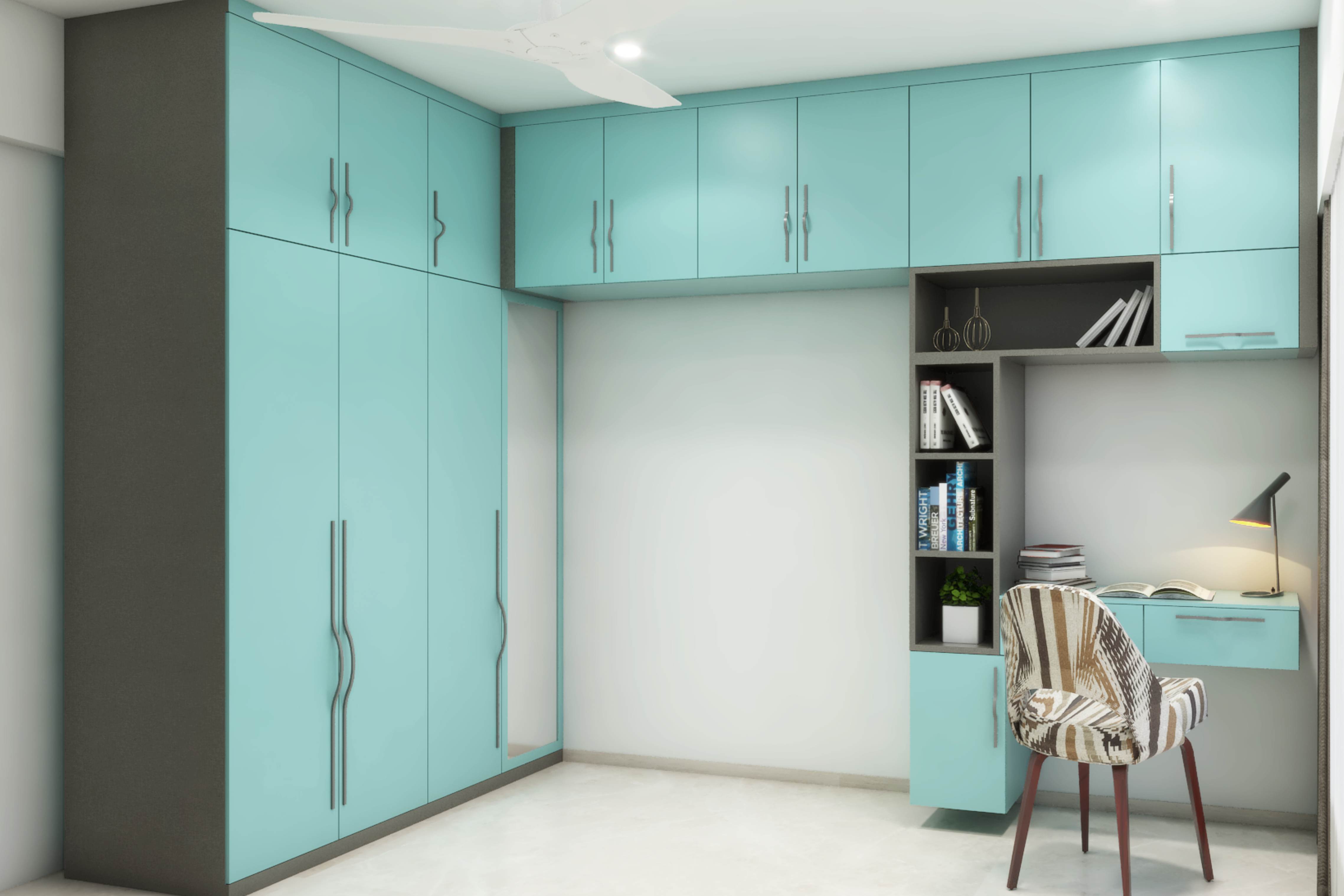 Spacious Blue And Grey Study Room Design With Loft Storage | Livspace