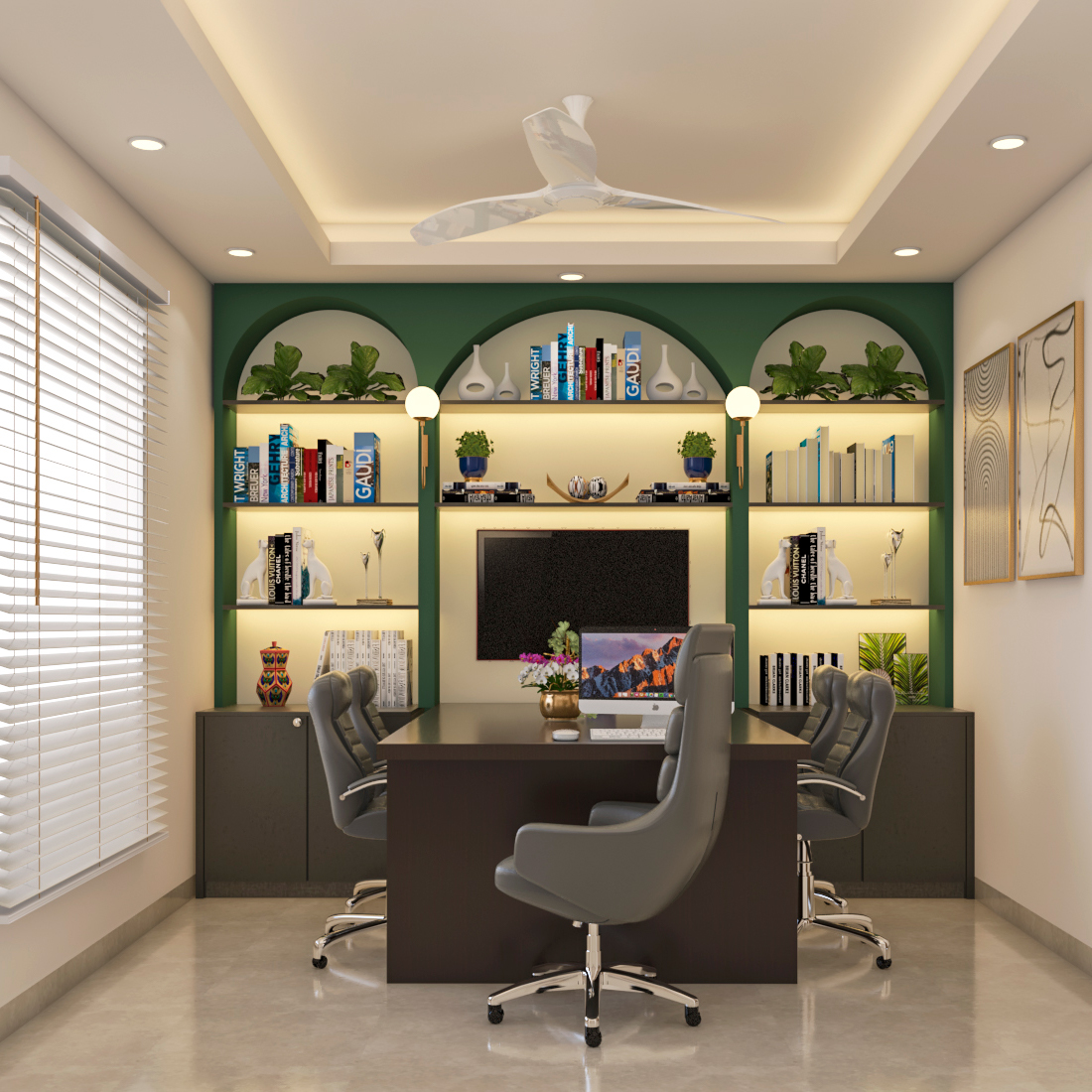 Spacious Study Room Design With Green Arched Frame