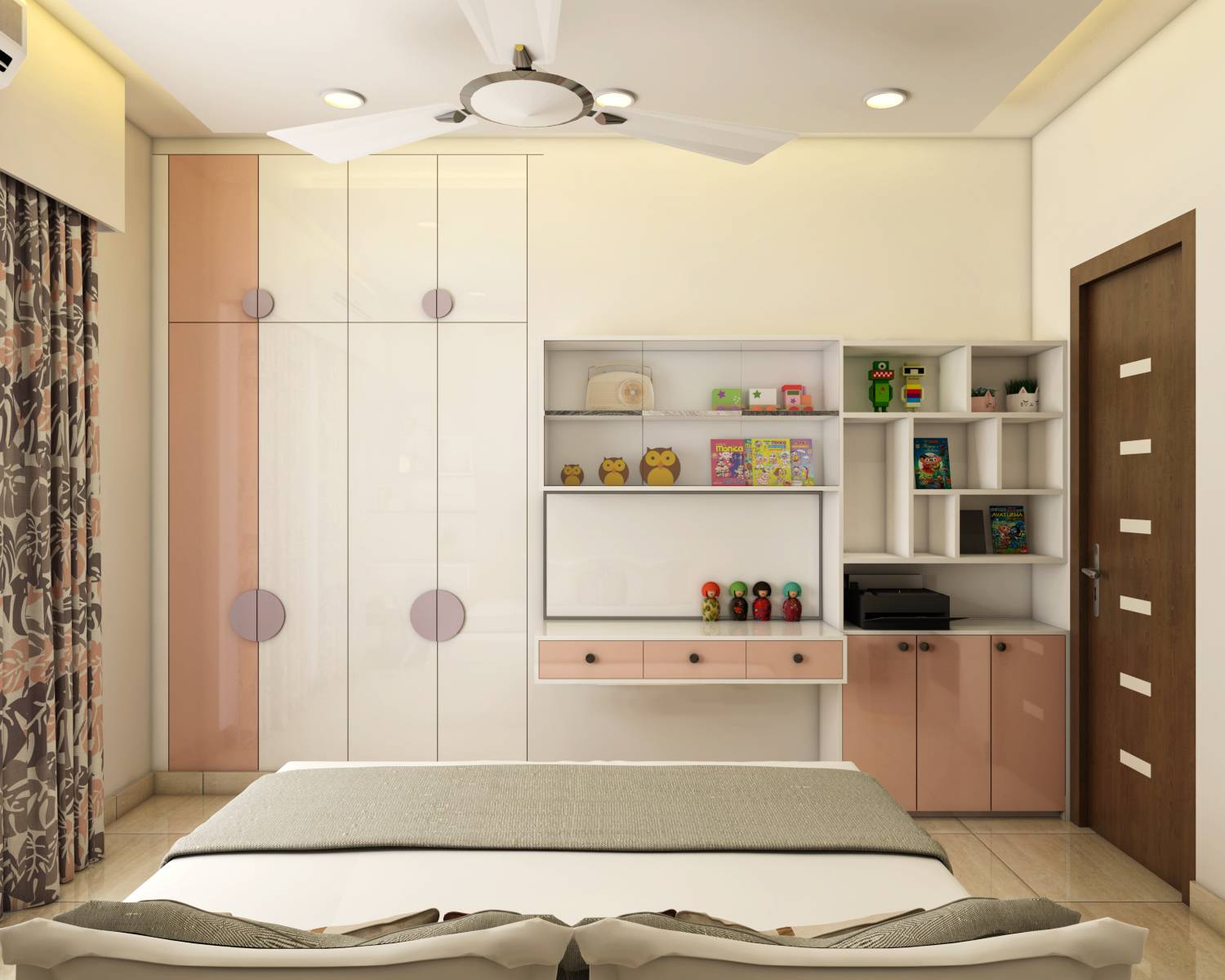 Compact Kid's Room Design With Study And Wardrobe
