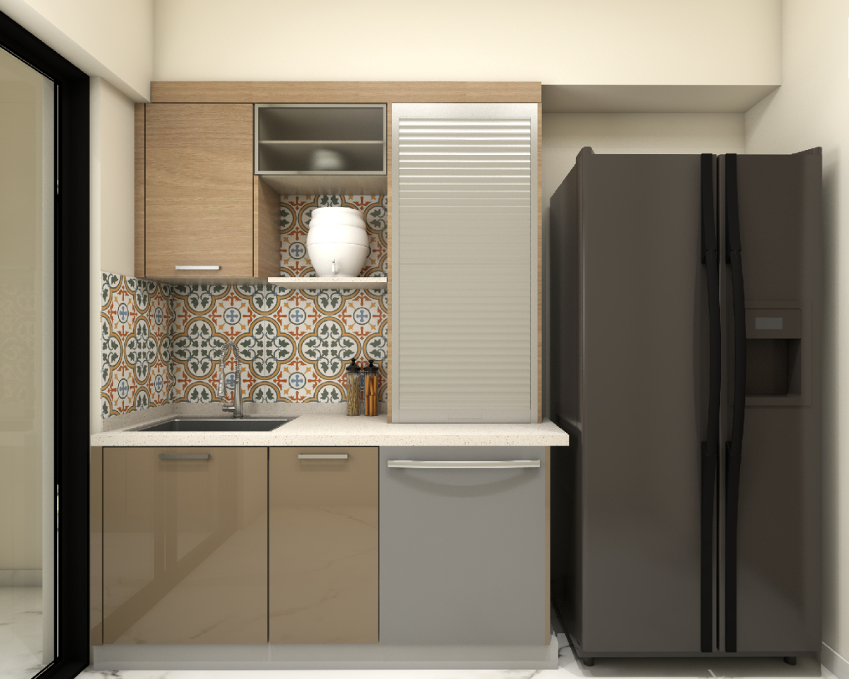 Compact Kitchen Design With Closed Storage Cabinets And A Wicker Basket ...