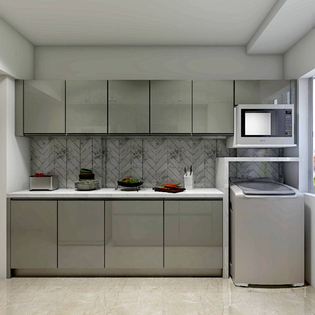 Spacious Parallel Gothic Grey Modular Kitchen Design | Livspace