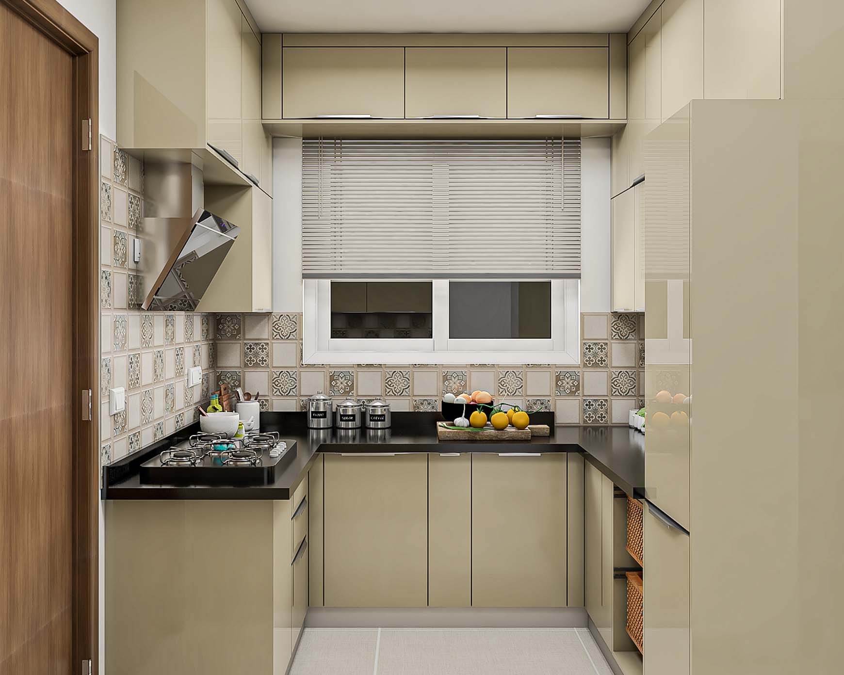 Compact U-Shaped Beige Indian Kitchen Design | Livspace