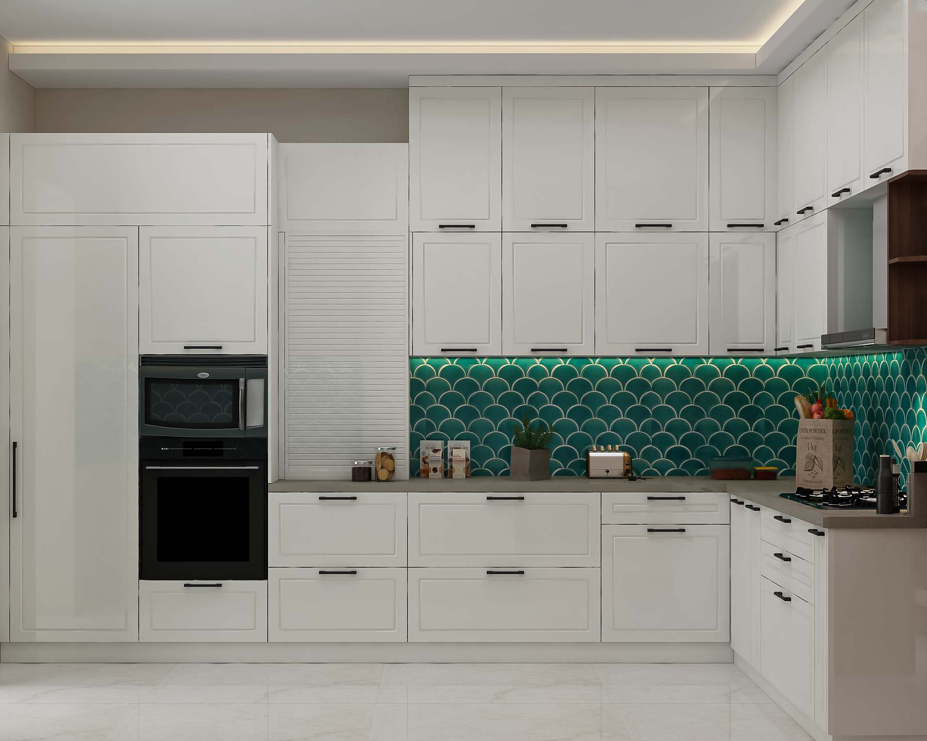 Spacious L-Shaped Indian Kitchen Design In White And Sea Green | Livspace