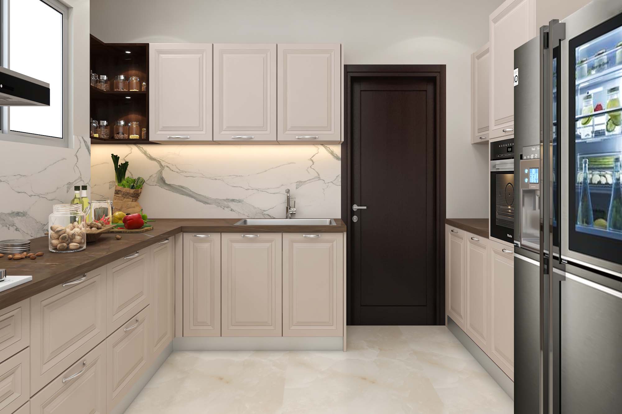Spacious Modular Indian Kitchen Design In Cream And White | Livspace